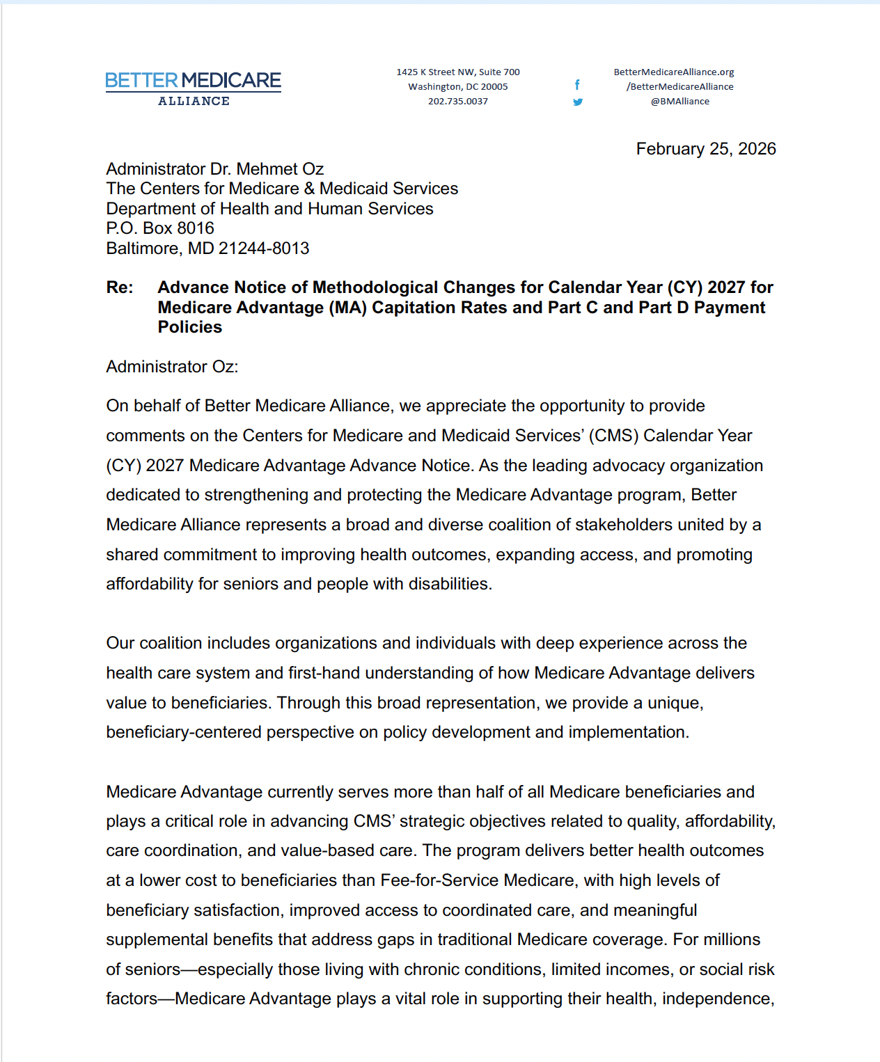 Better Medicare Alliance CY 2027 Advance Notice Comment Letter - Better ...