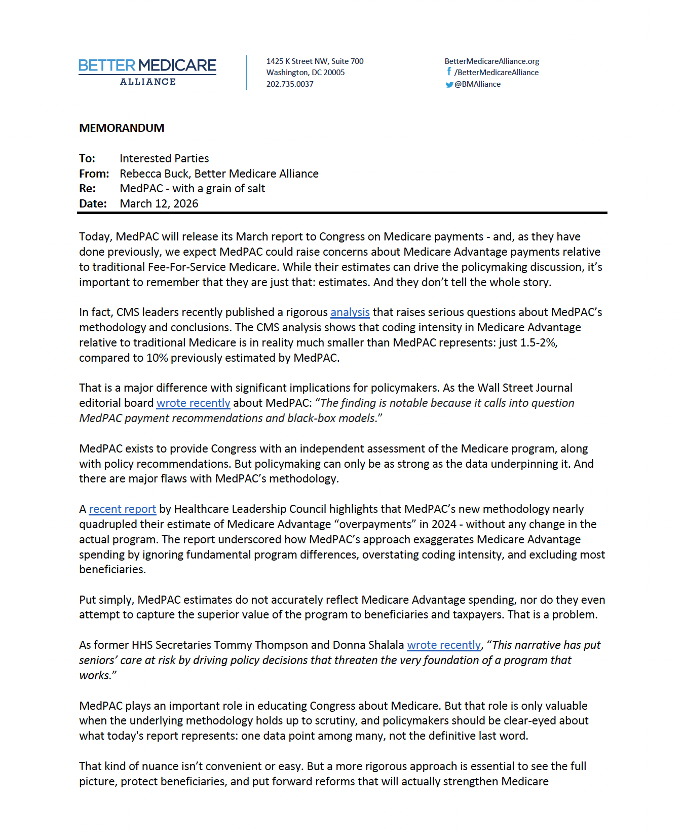 Memo: Before You Read MedPAC's March Report - Better Medicare Alliance